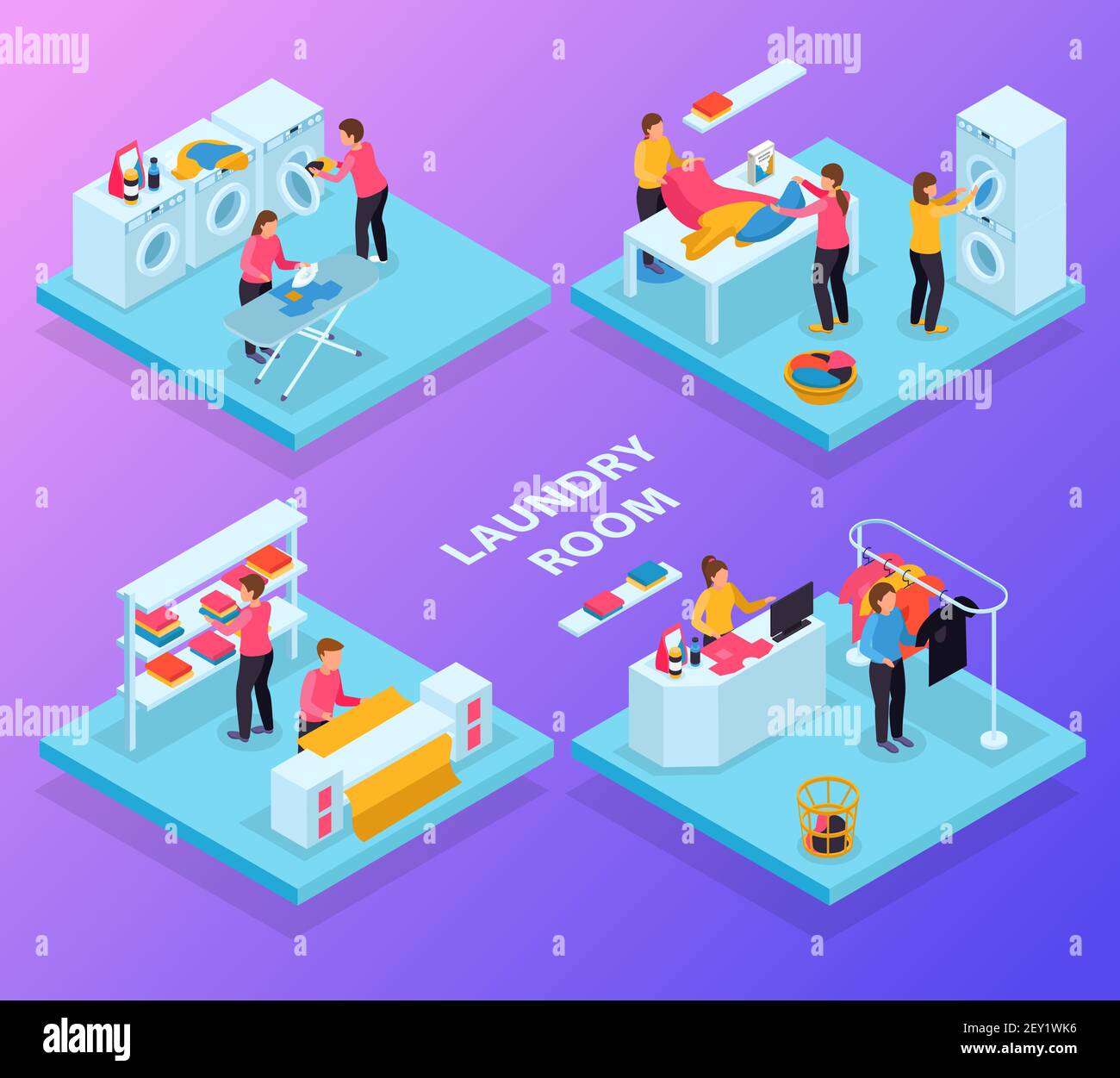 Laundry room isometric 4x1 set with different laundry service rooms ...