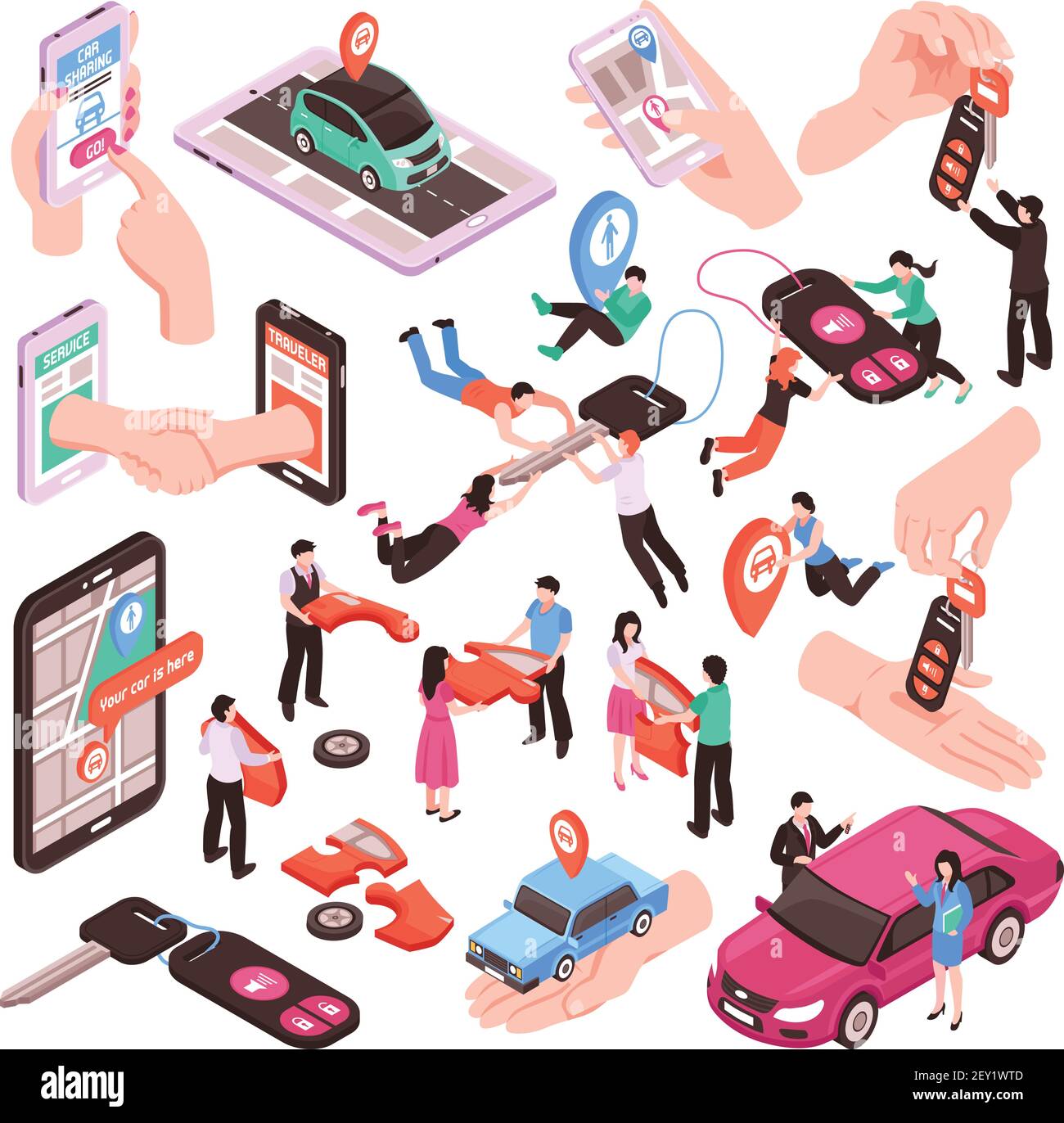 Isometric set of car sharing service elements and people using vehicles ...