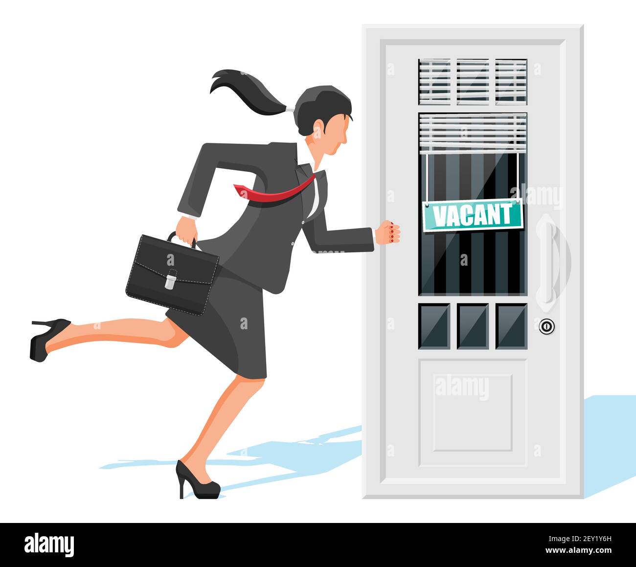 Street door with vacancy sign. Woman employee with briefcase. Hiring ...