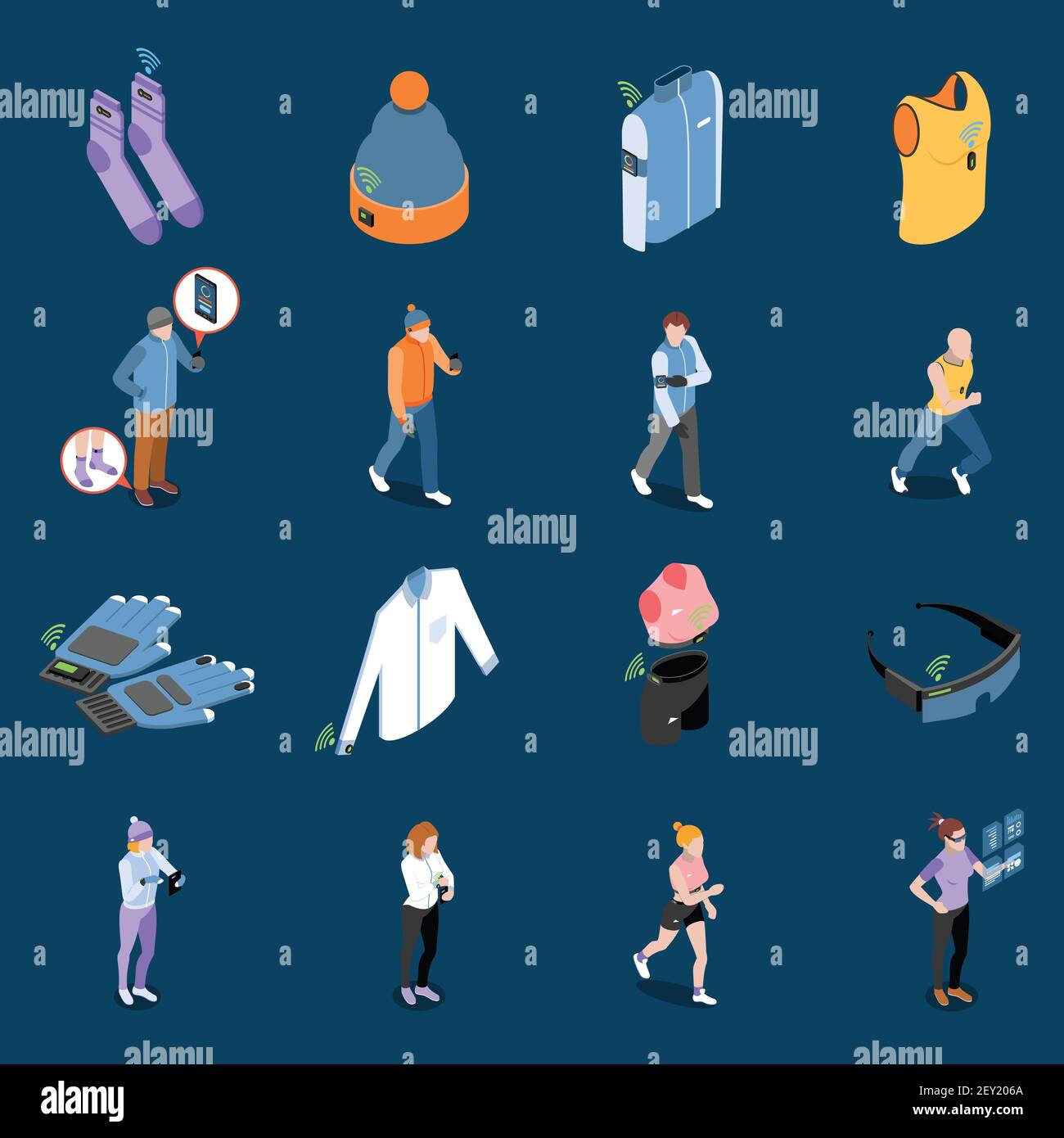 Wearable technology smart clothes isometric icons collection with ...