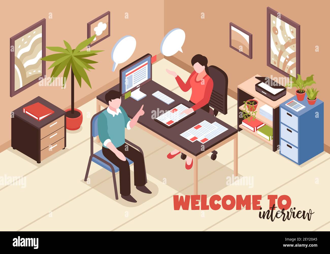 Isometric job search recruitment composition with text and office room ...