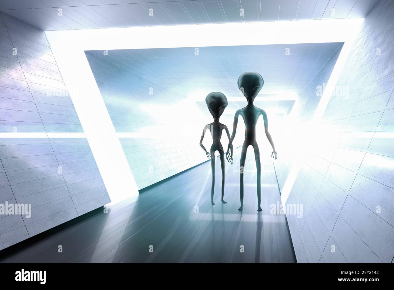 Silhouettes of spooky aliens and bright light in background. 3D ...