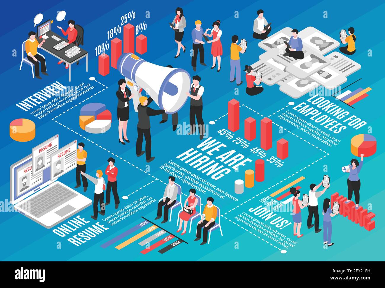 Isometric job search recruitment horizontal composition flowchart with ...