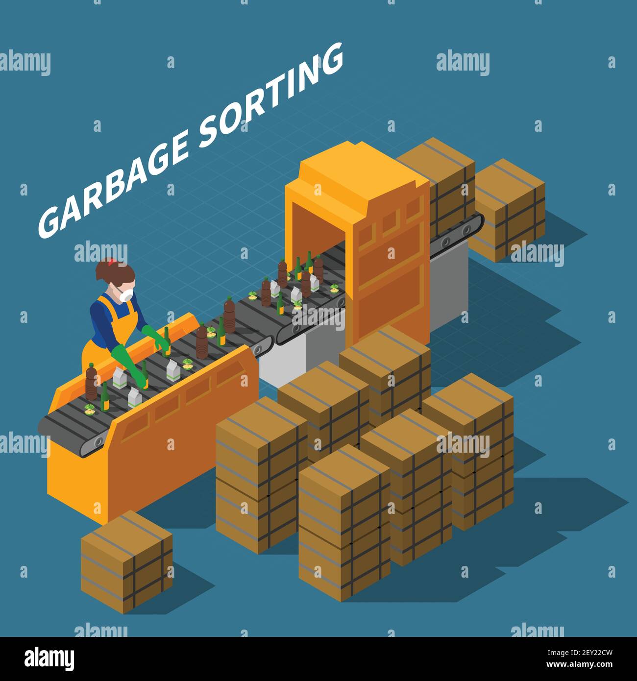 Garbage recycling isometric composition with female worker in uniform ...