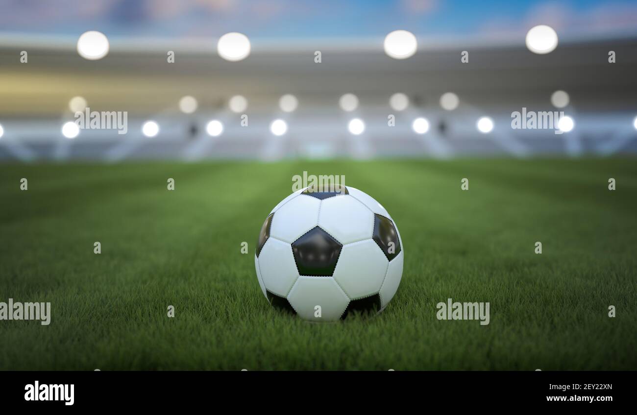 Soccer or football ball on stadium. 3D rendered illustration Stock ...