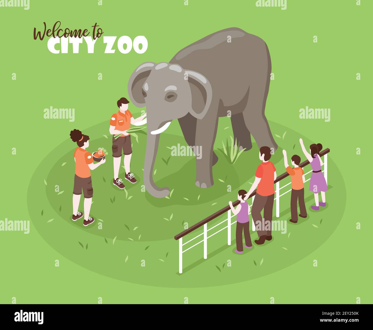 Isometric zoo workers color background with editable text and human ...