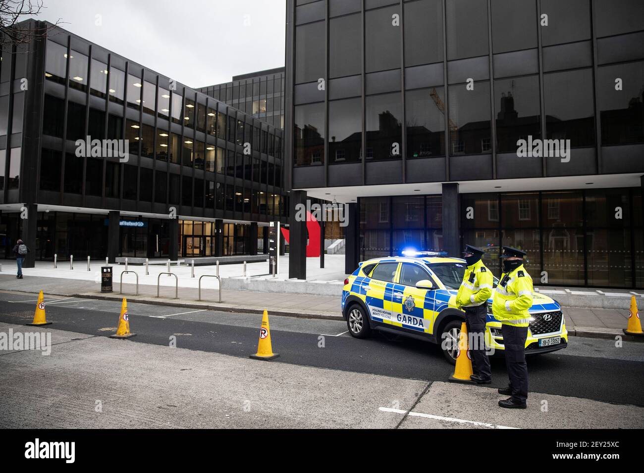 A Garda checkpoint outside the Miesian Plaza on Baggot Street in Dublin ...