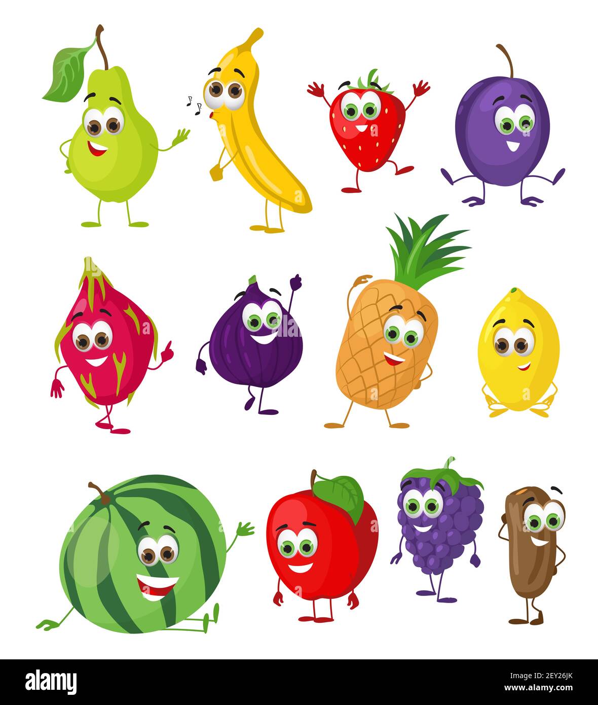 Set of Funny Fruits with eyes. Cartoon funny fruits characters flat ...