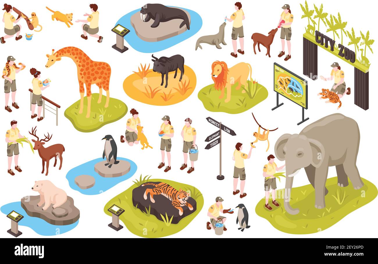 Isometric zoo set with isolated images of animals human characters of ...