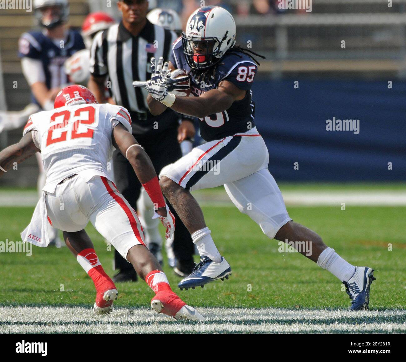UConn's Geremy Davis runs upfield after the catch against Stony Brook's ...