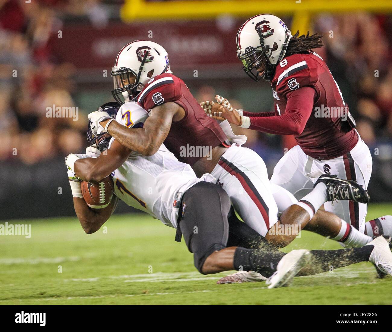 South Carolina safety Chris Moody (6) puts a hit on East Carolina wide ...