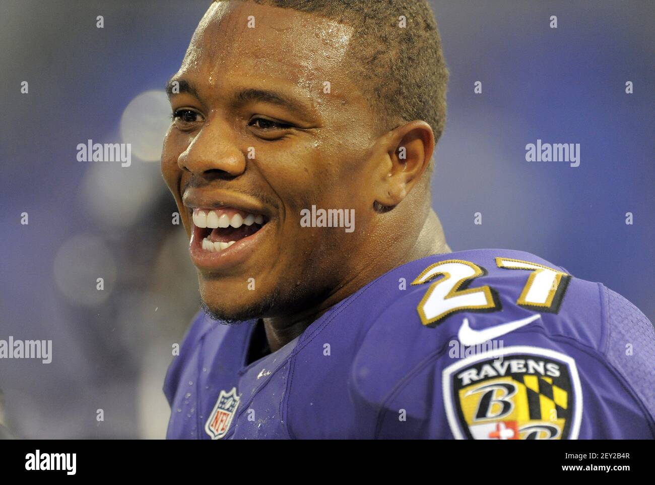 Baltimore Ravens running back Ray Rice smiles before a pre-season game ...