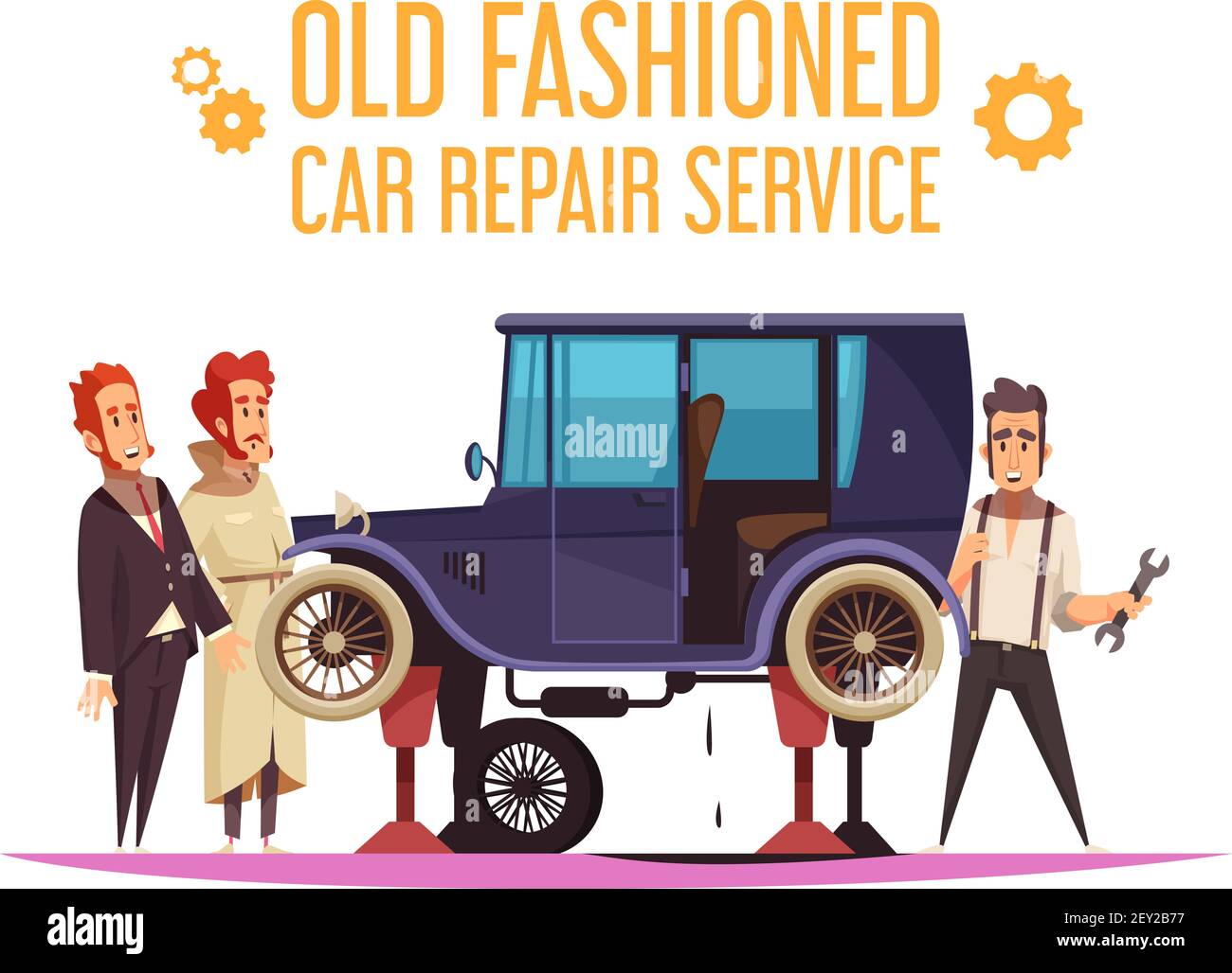 Human characters and repair of old fashioned car on white background ...
