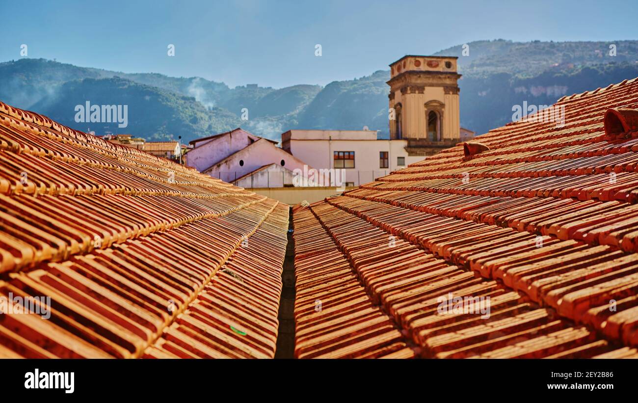 View of typical vintage house with tile roof Stock Photo - Alamy