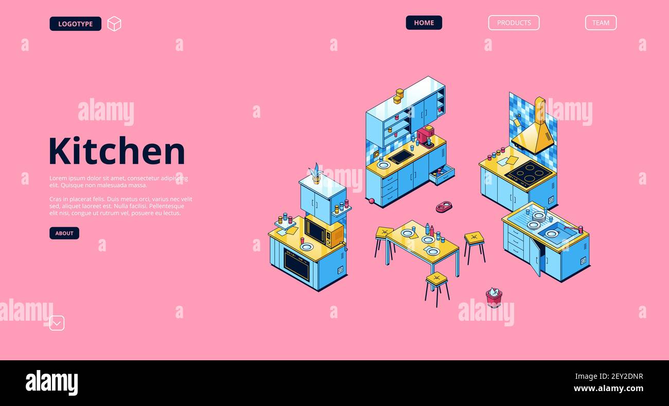 Kitchen banner. Modern furniture and cooking appliances for house ...