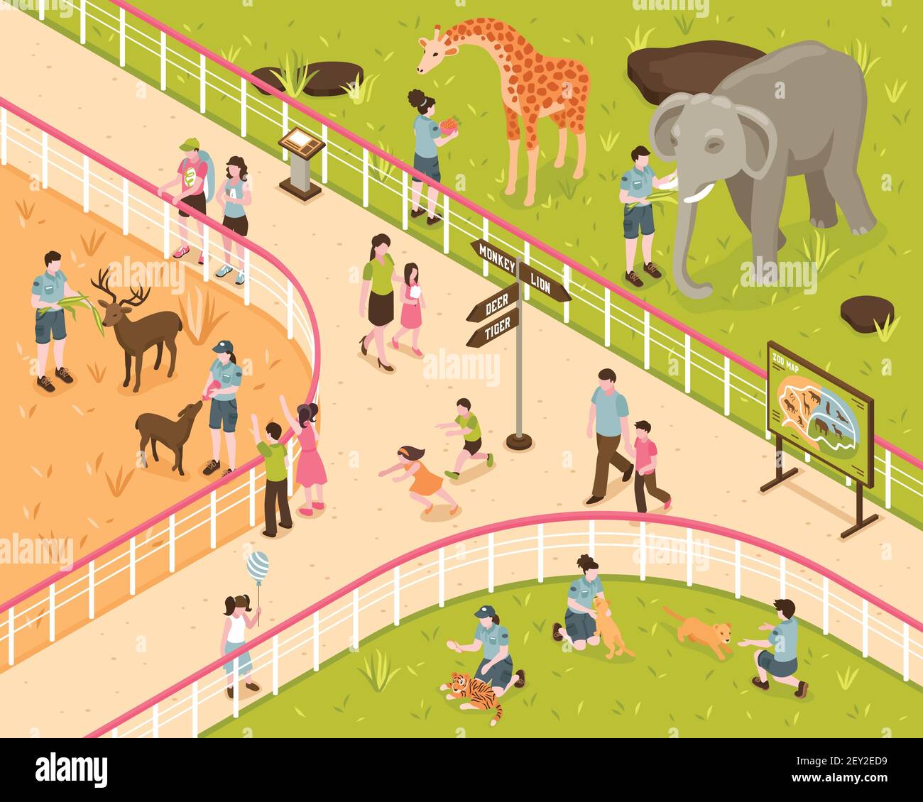 Isometric zoo composition with human characters of kids and adults with ...