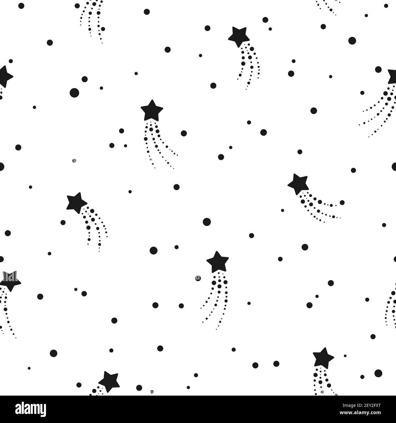 Seamless cute pattern with flying black stars, dots and circles on ...