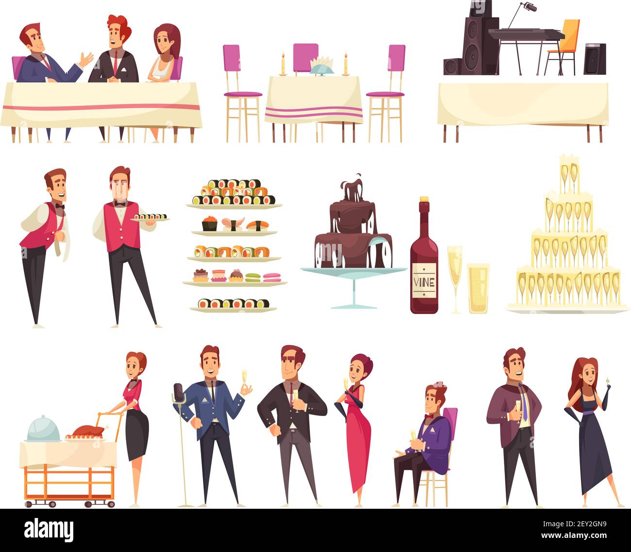 Banquet set of cartoon icons service staff and guests food music ...