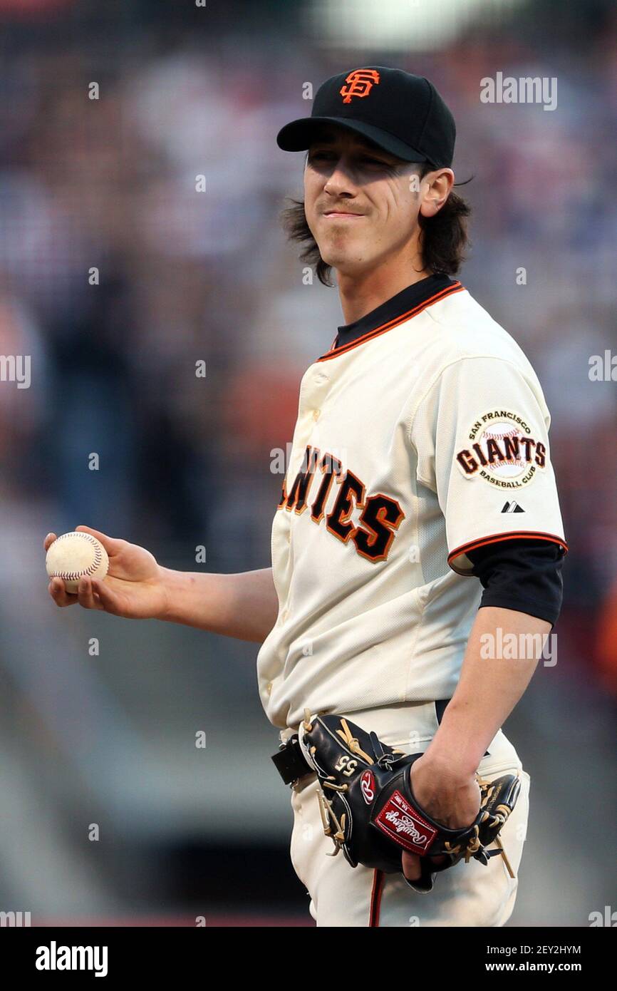 San Francisco Giants relief pitcher Tim Lincecum holds a new ball after ...