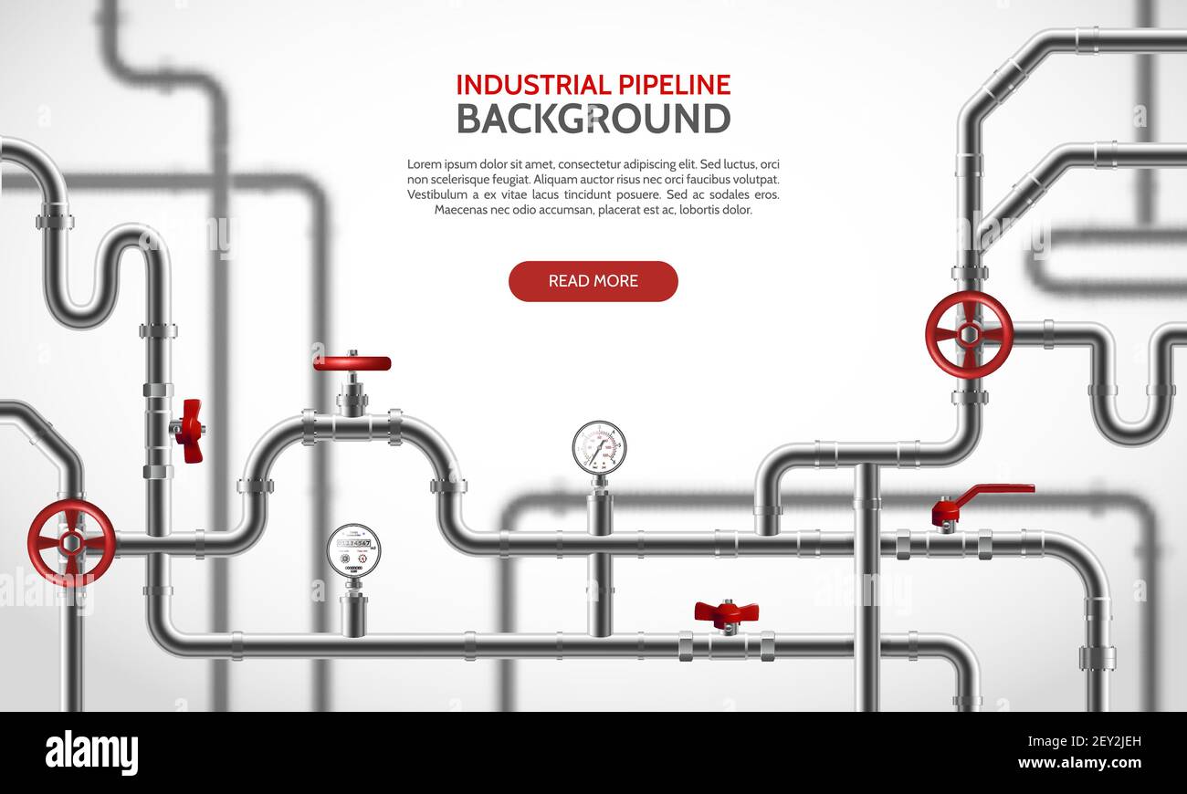 Industrial steel pipeline with red faucets realistic background vector ...