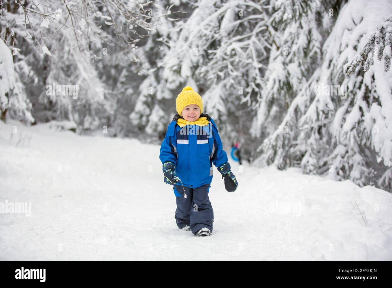 Sweet happy child, playing in deep snow in forest Stock Photo - Alamy