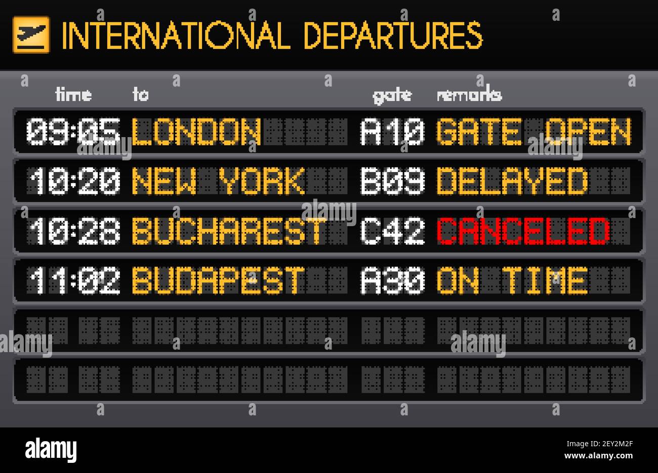 Electronic airport board realistic composition with international ...