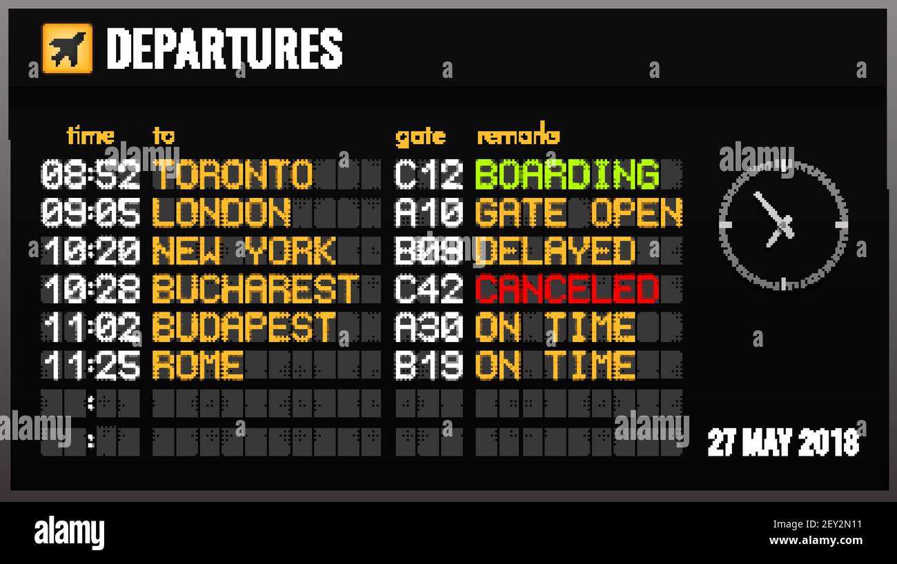 Black electronic airport board realistic composition with departures ...