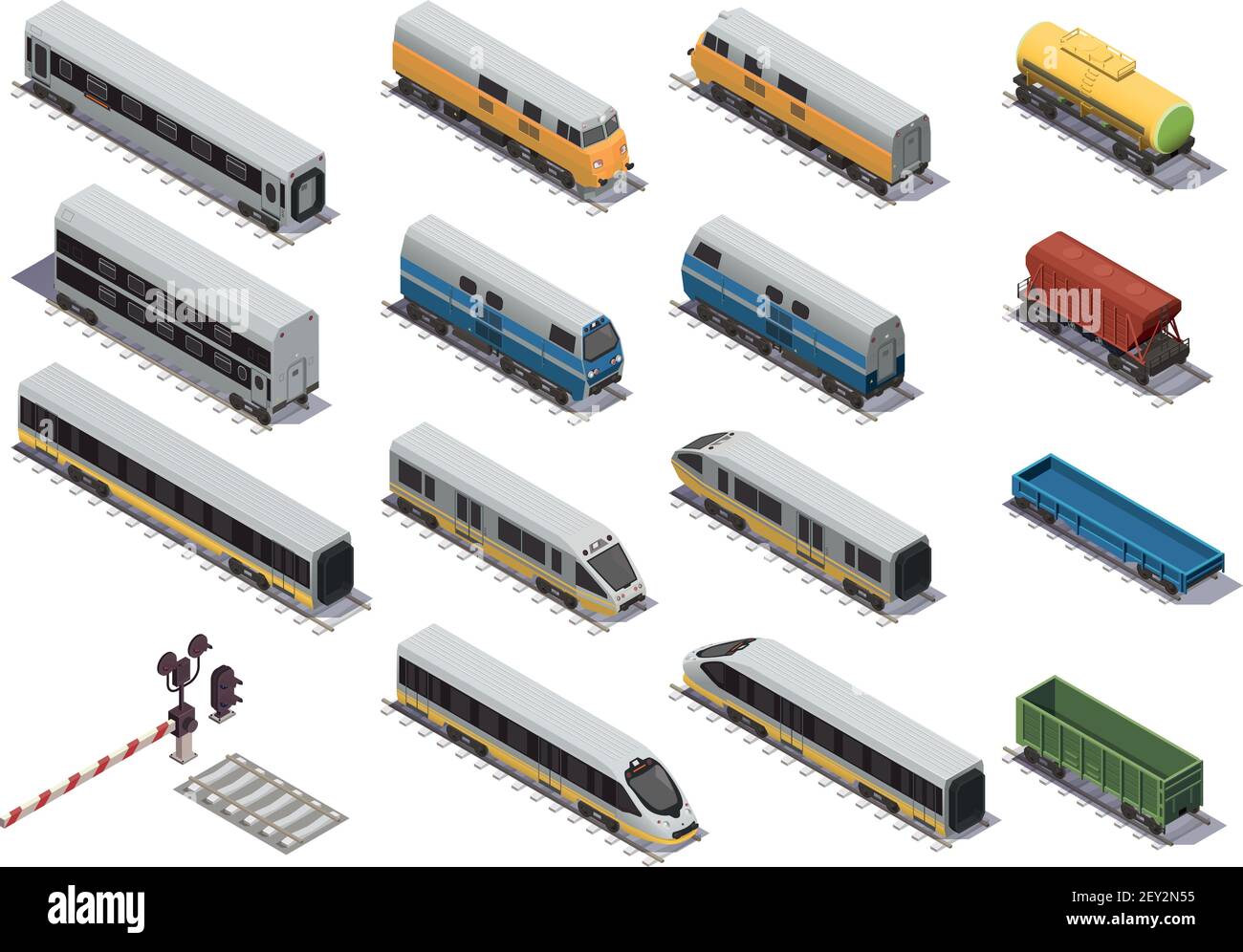 Railway train isometric elements set with electric locomotive open ... Railway train isometric elements set with electric locomotive open ...