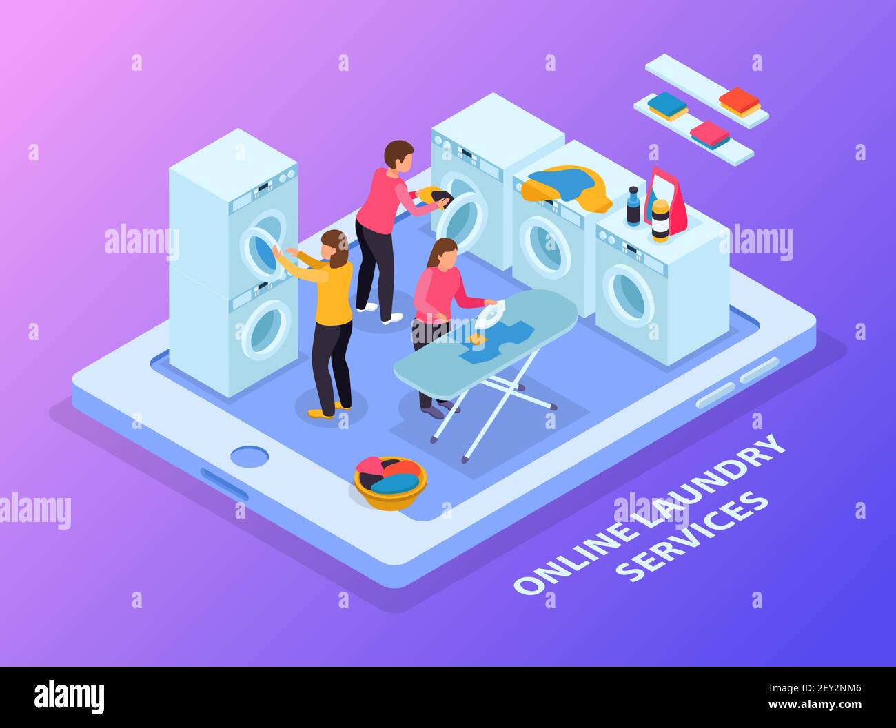 Laundry room isometric composition with conceptual image of tablet and ...