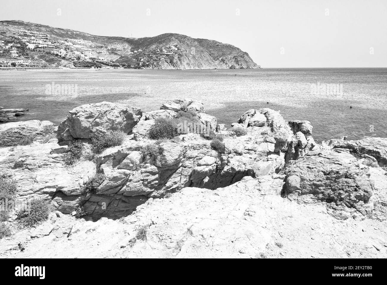 In greece the mykonos island rock sea and beach blue sky Stock Photo ...