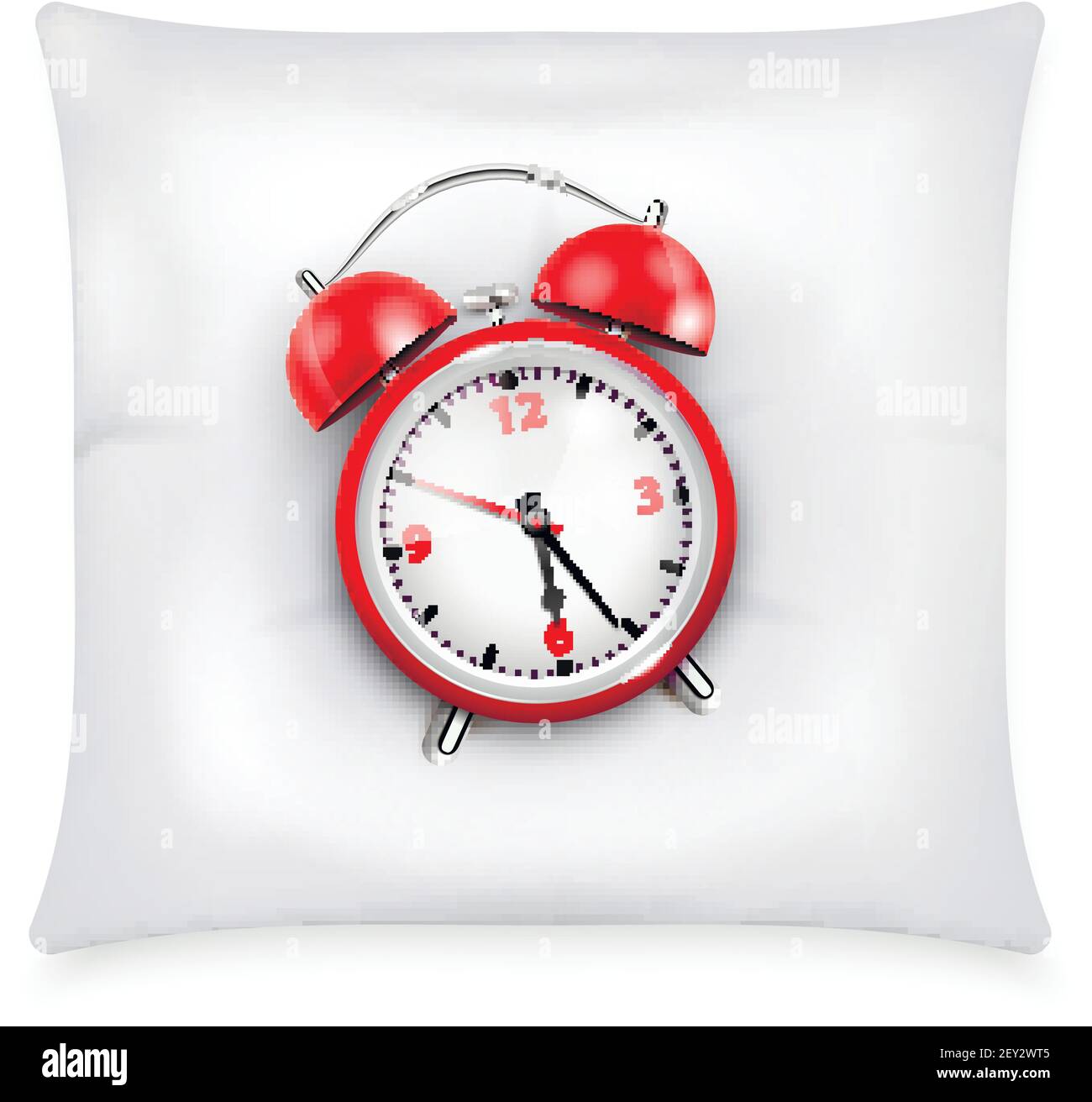 Red alarm clock with two bells in retro style on white pillow realistic ...