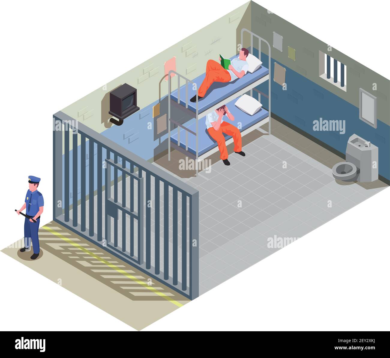 Locked jail cell for two inmates with prisoners in uniform and security ...