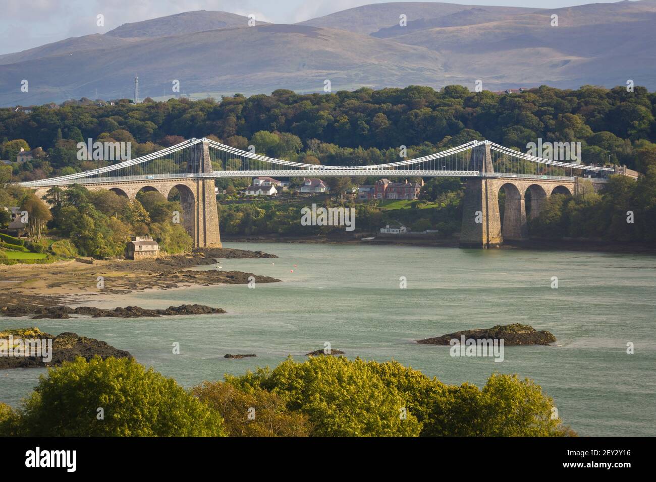 The Menai suspension bridge connecting the mainland with the island of ...