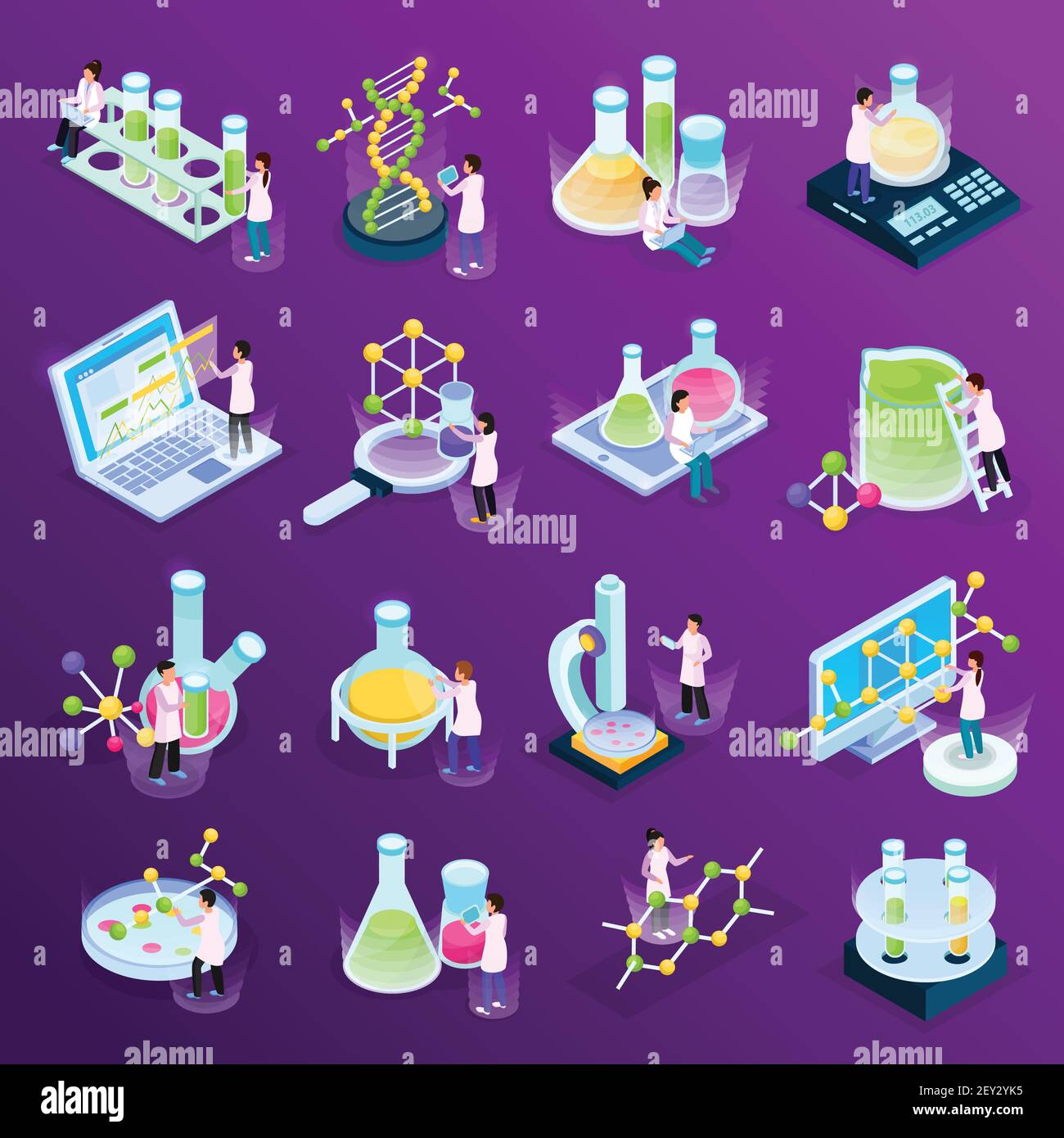 Collection with science research isometric glow icons with colourful ...