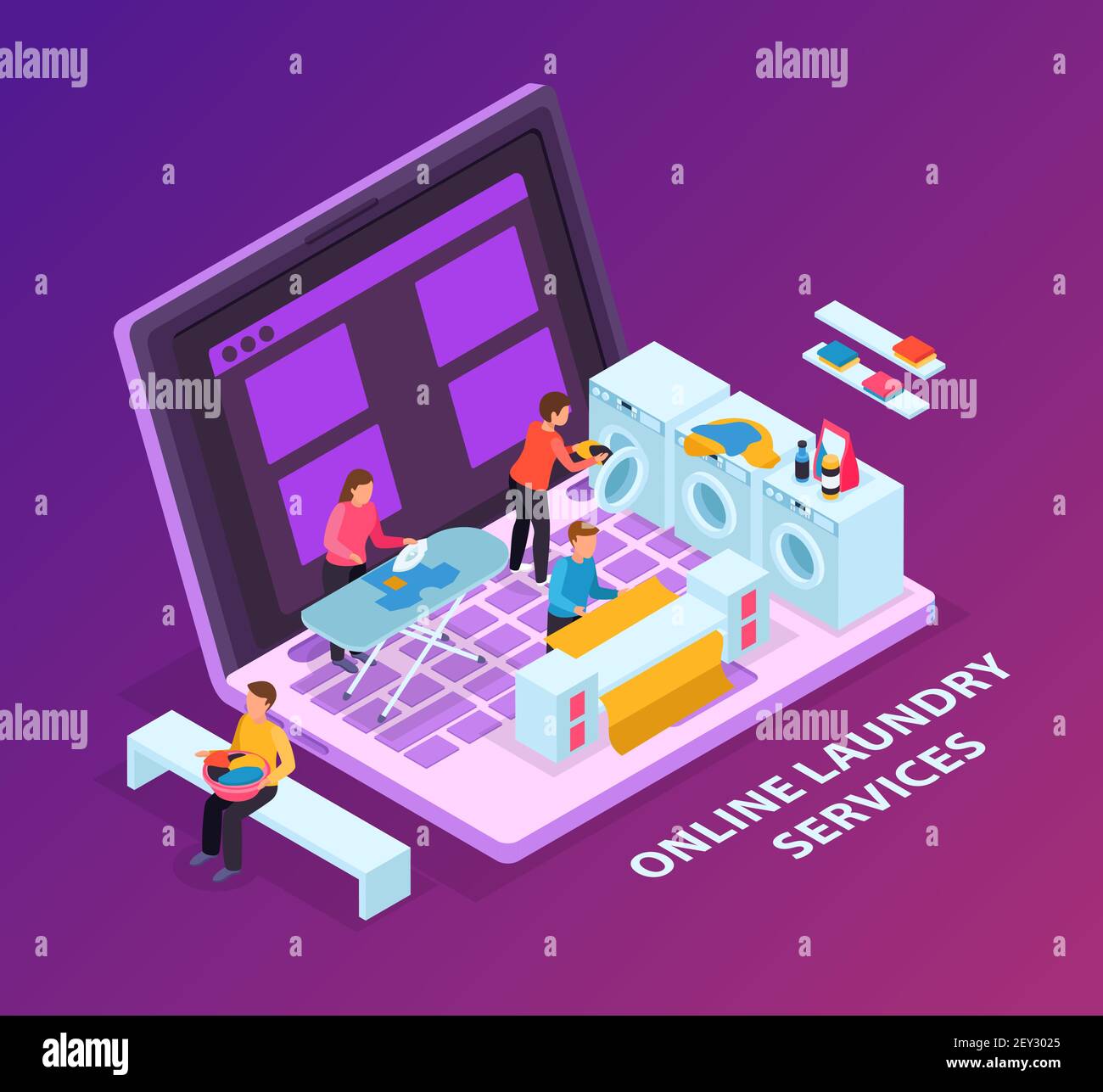 Laundry room isometric background concept with image of laptop computer ...