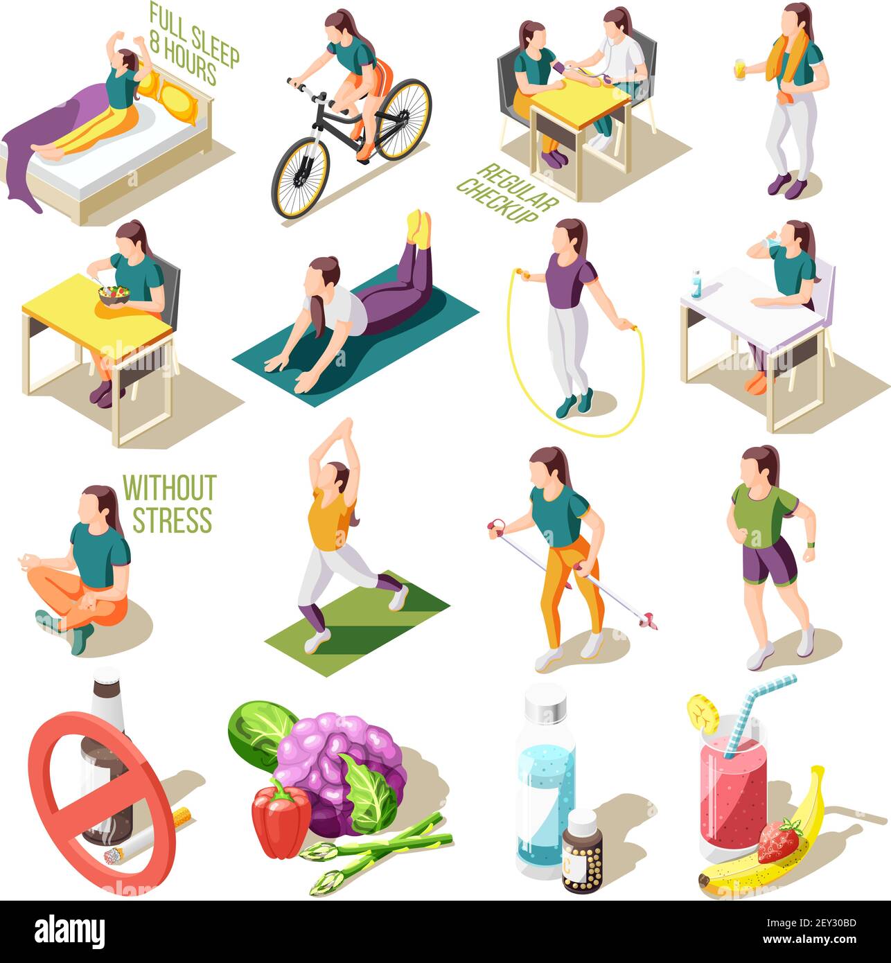Healthy life style isometric icons good sleep and nutrition regular ...