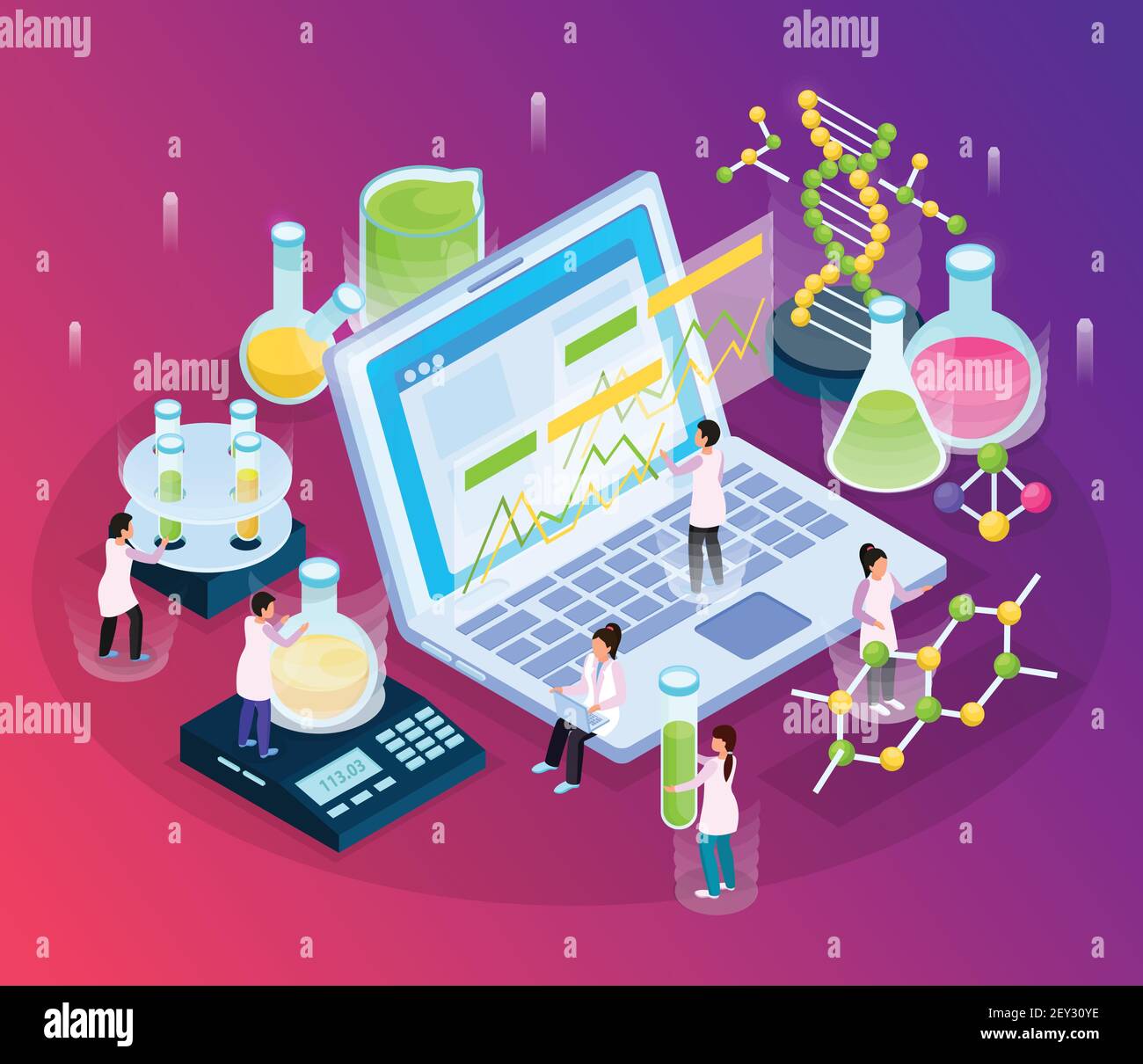 Science research isometric glow composition with small people ...
