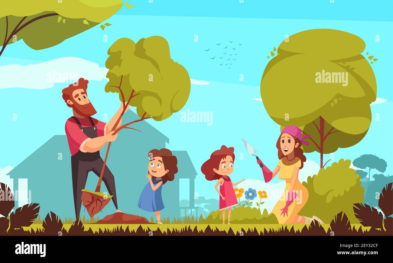 Family gardening parents with kids during trees planting and care of ...