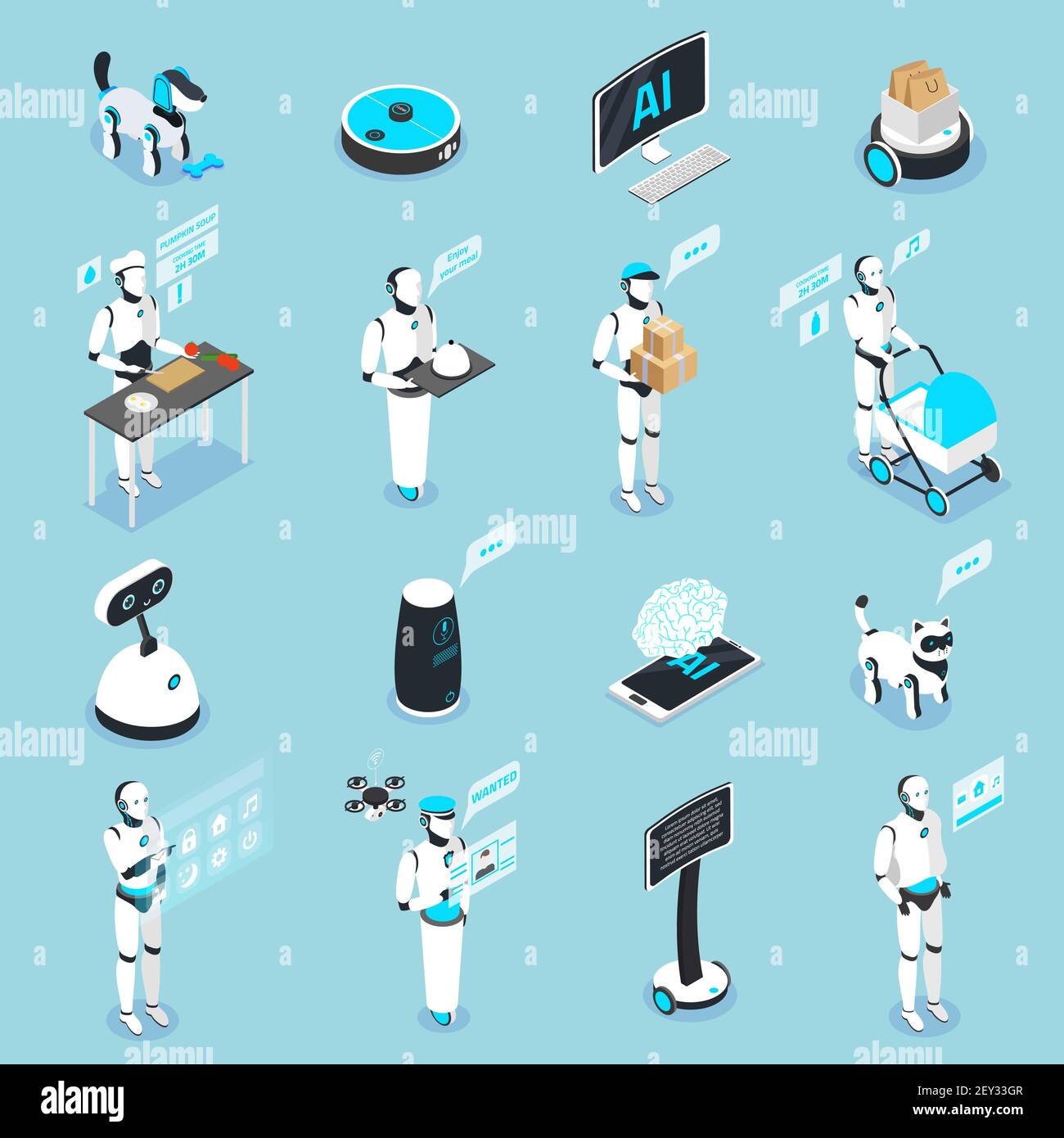 Home robot isometric icons collection with service care animal ...