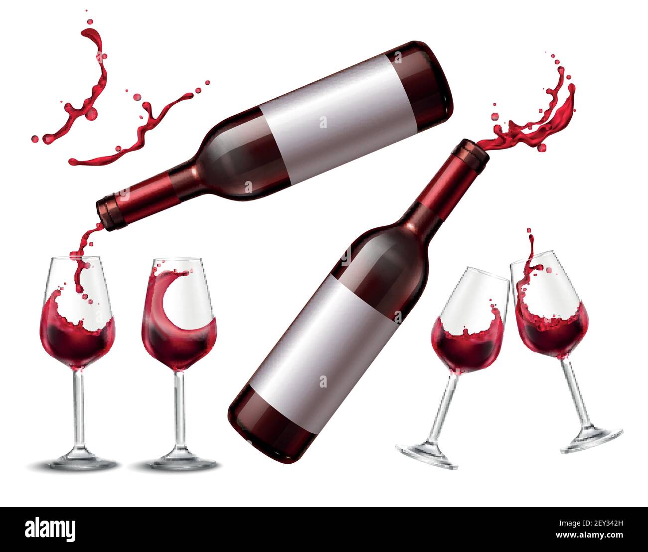 Wine splash set with realistic isolated images of drinking glasses and ...