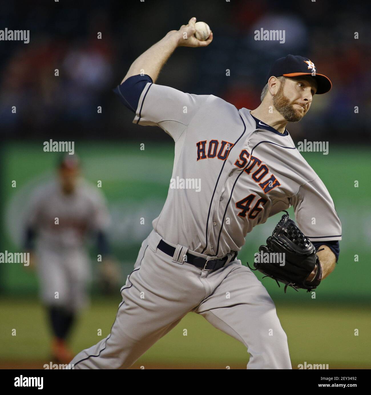 Houston Astros starting pitcher Scott Feldman (46) throws against the ...