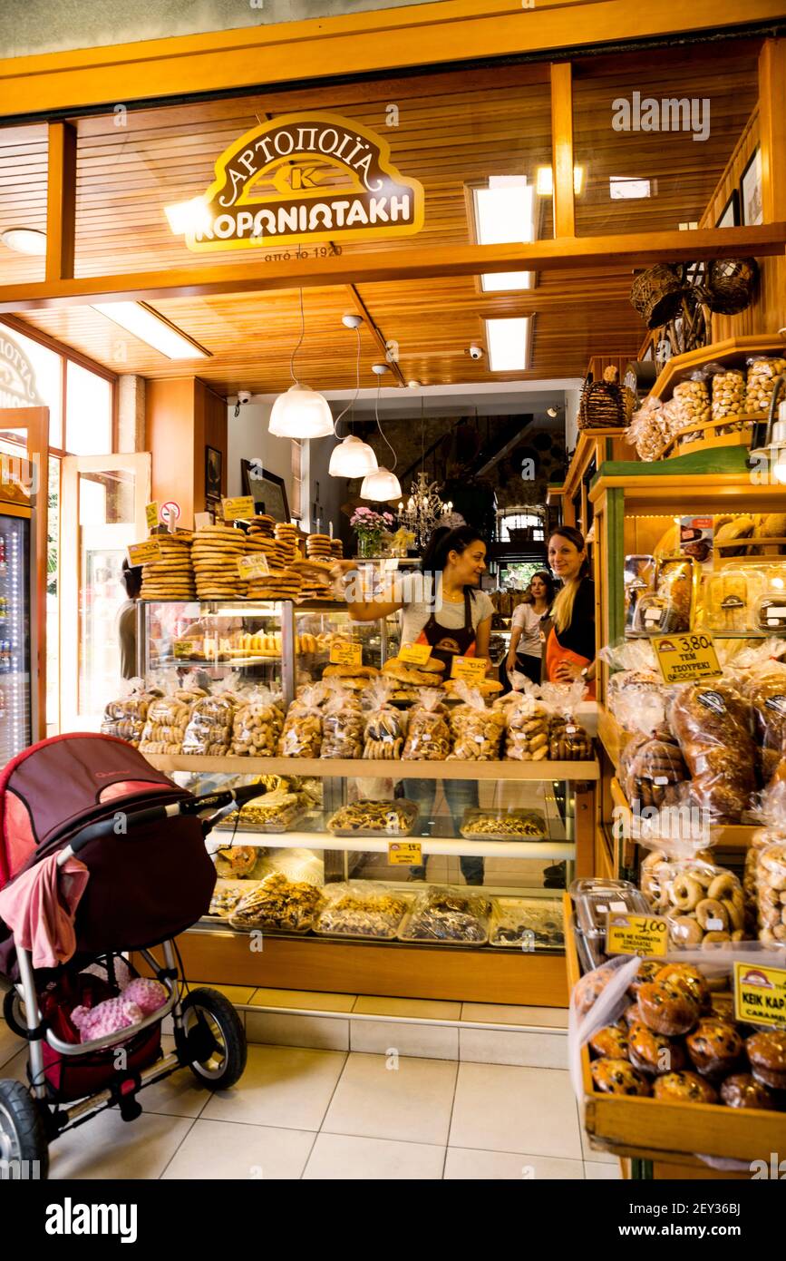 Greek bakery at the Market Hall covered market in Chania, Crete, Greece ...