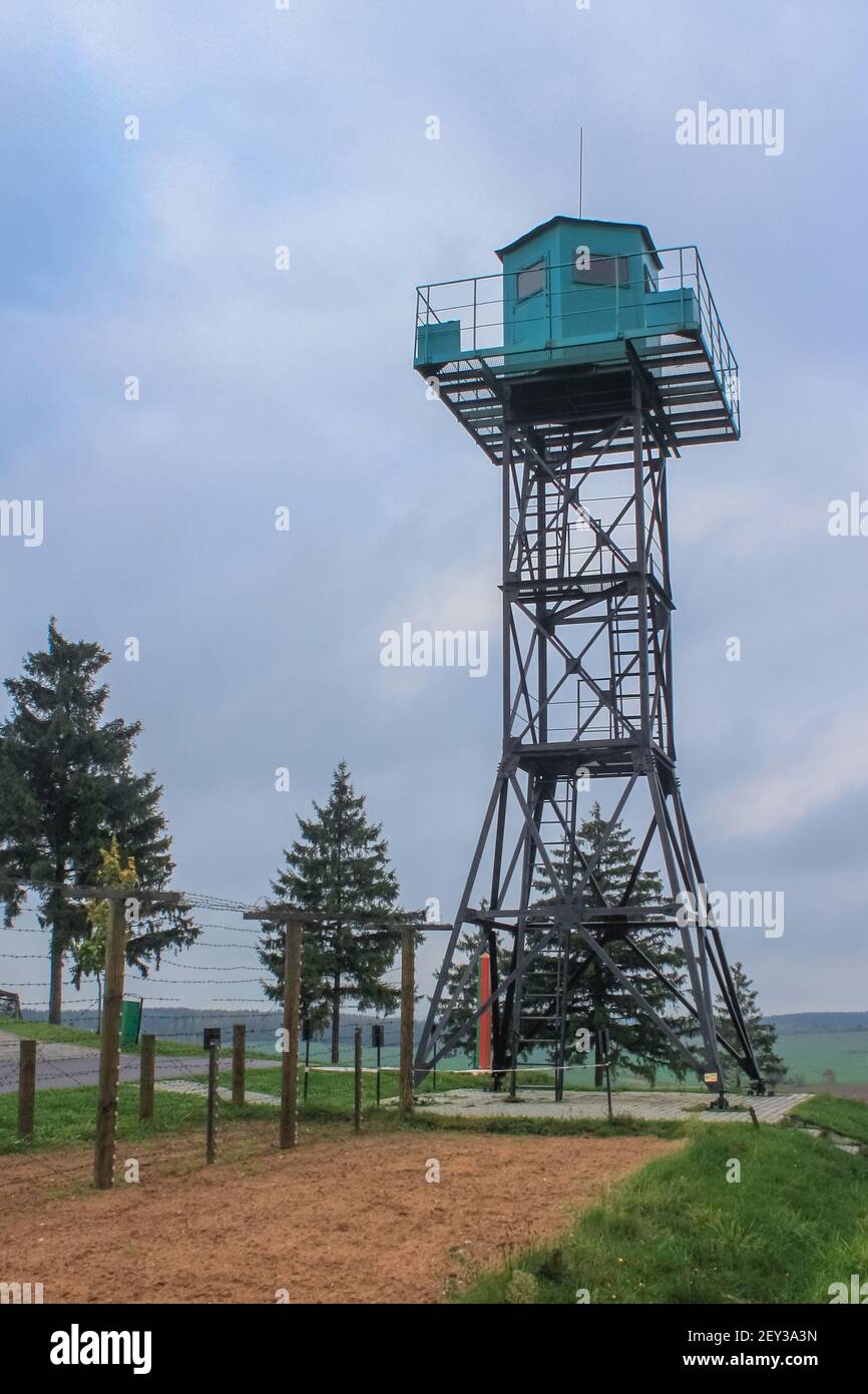 Metal watchtower against the dark blue sky in the Belarusian Historical ...