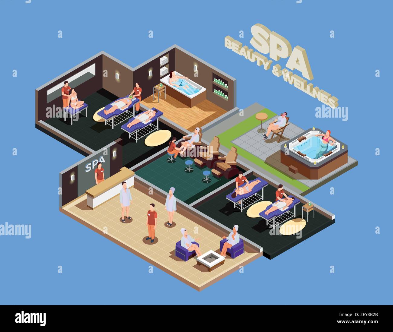 Spa center isometric composition with customers and staff various ...