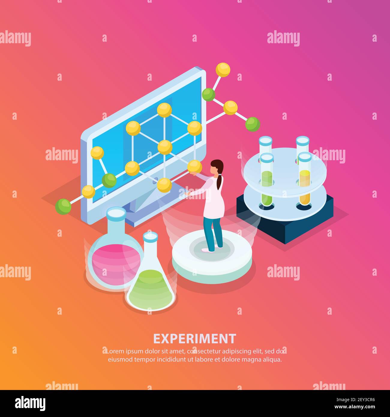 Science research isometric glow background with editable text test ...