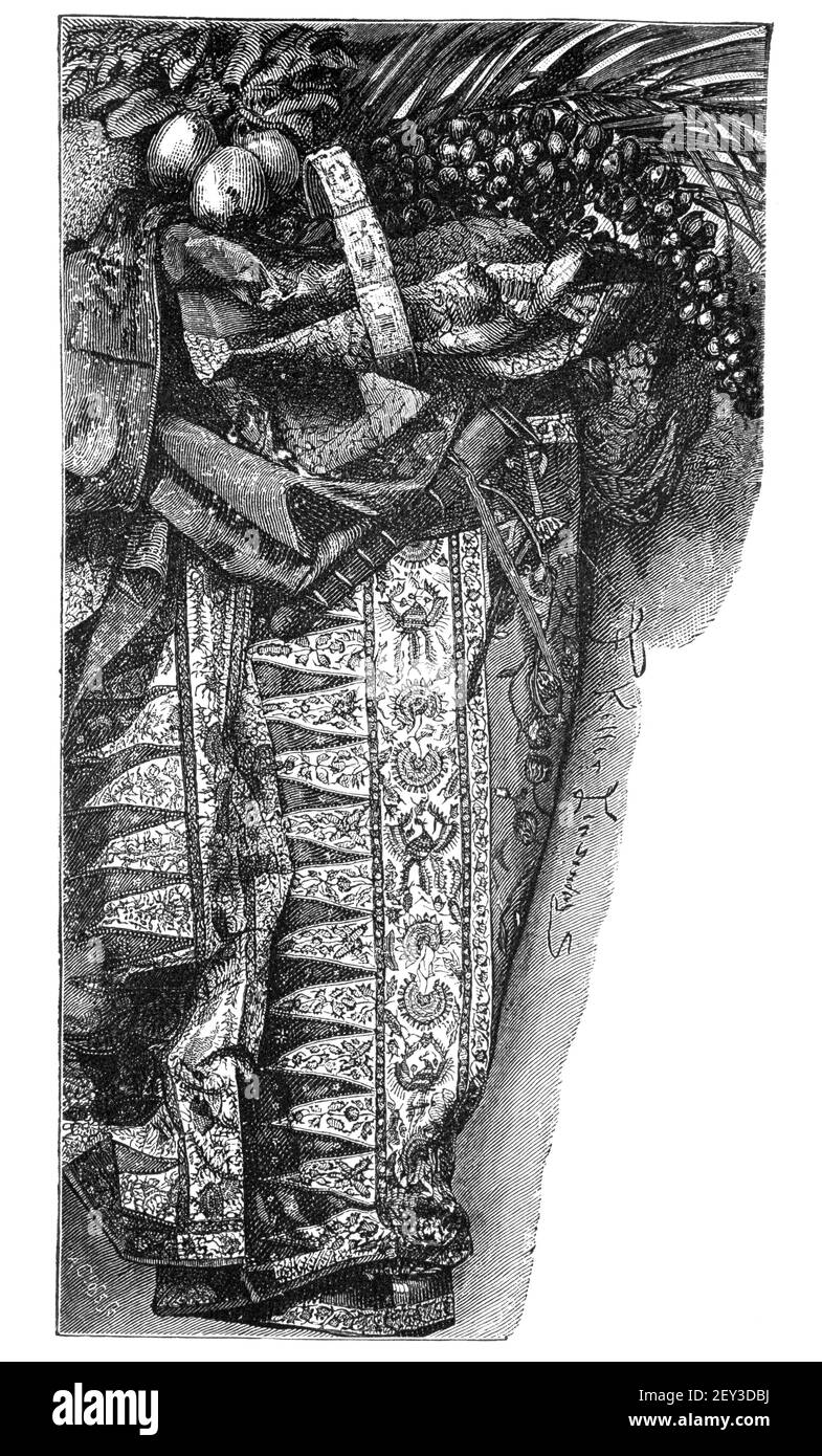 Ornamental fabric and palm leaves, Java, Malaya, Indonesia. Culture and ...