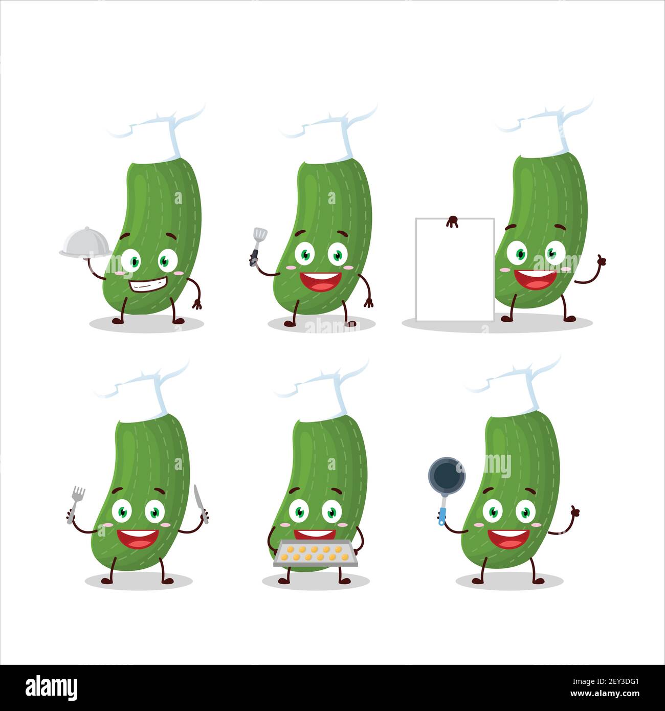 Cartoon character of zucchini with various chef emoticons. Vector ...