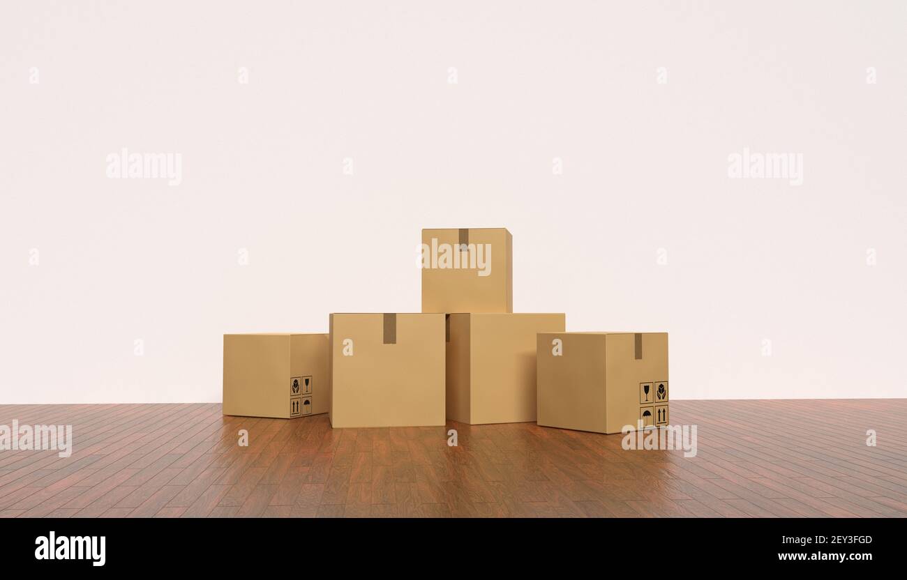 Moving to a new house concept. Empty room with cardboard boxes. 3D ...