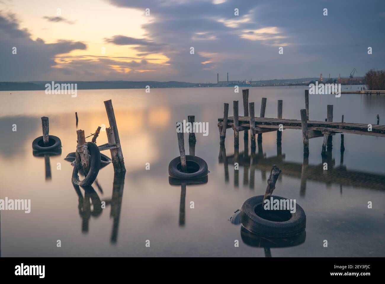 Small dock and fishing boat at fishing village, long exposure Stock ...
