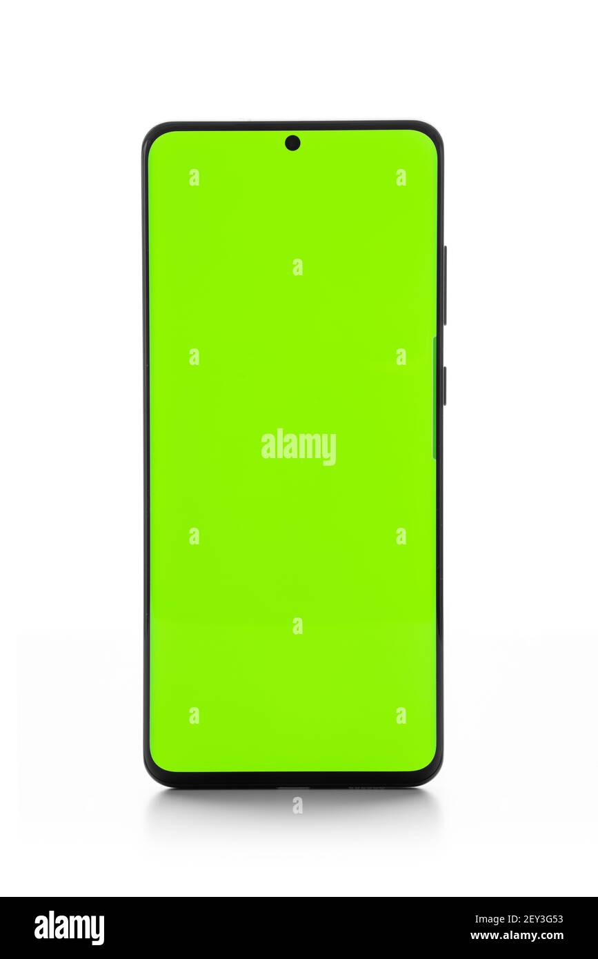 Mobile phone with green screen, isolated on white Stock Photo - Alamy